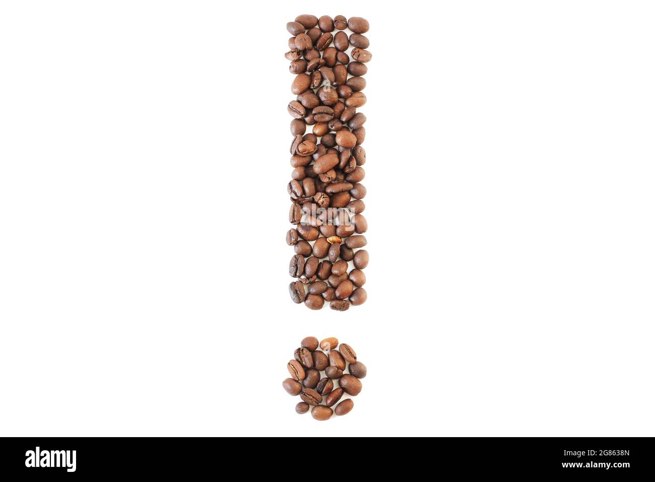 Coffee beans. Exclamation mark made from coffee beans on a white ...