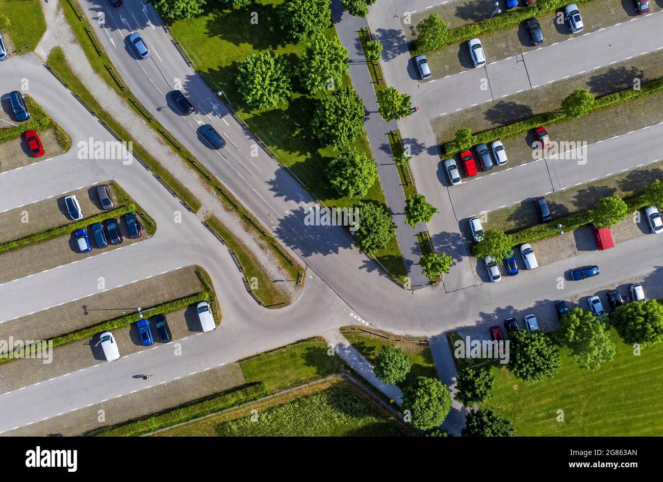 Cars parked side by side from above, parking lot, Bavaria, Germany ...