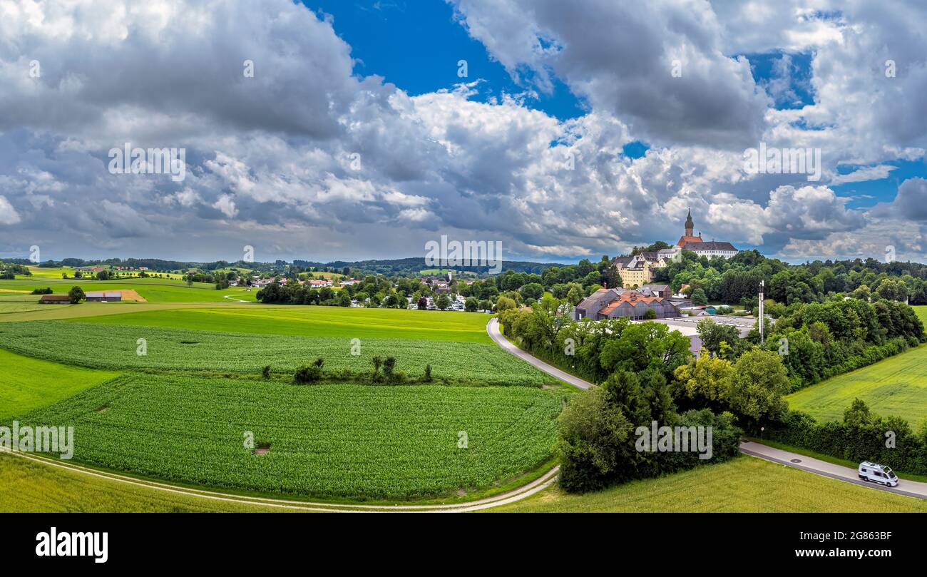 Green fields and meadows near Andechs, Pfaffenwinkel, aerial view ...