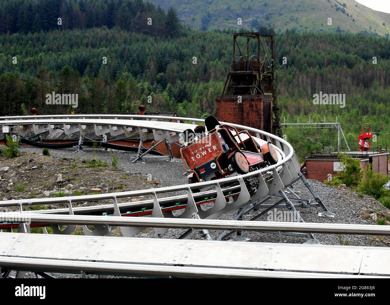 Wales, UK 02 July 2021 The new "Tower Coaster" ride at Zipworld Tower ...