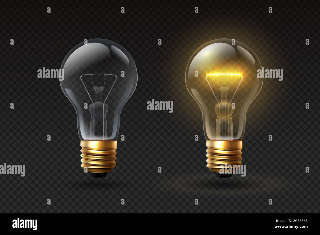 Realistic light bulb. On and off glass electric lightbulbs with ...