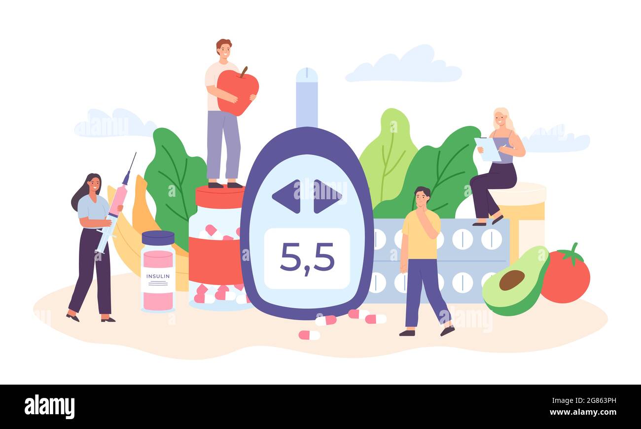 Diabetes poster with characters. Tiny people with diet food, diabetic ...