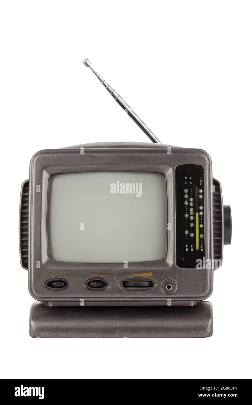 old used 5.5 inch protable analog crt tv unit isolated on white ...