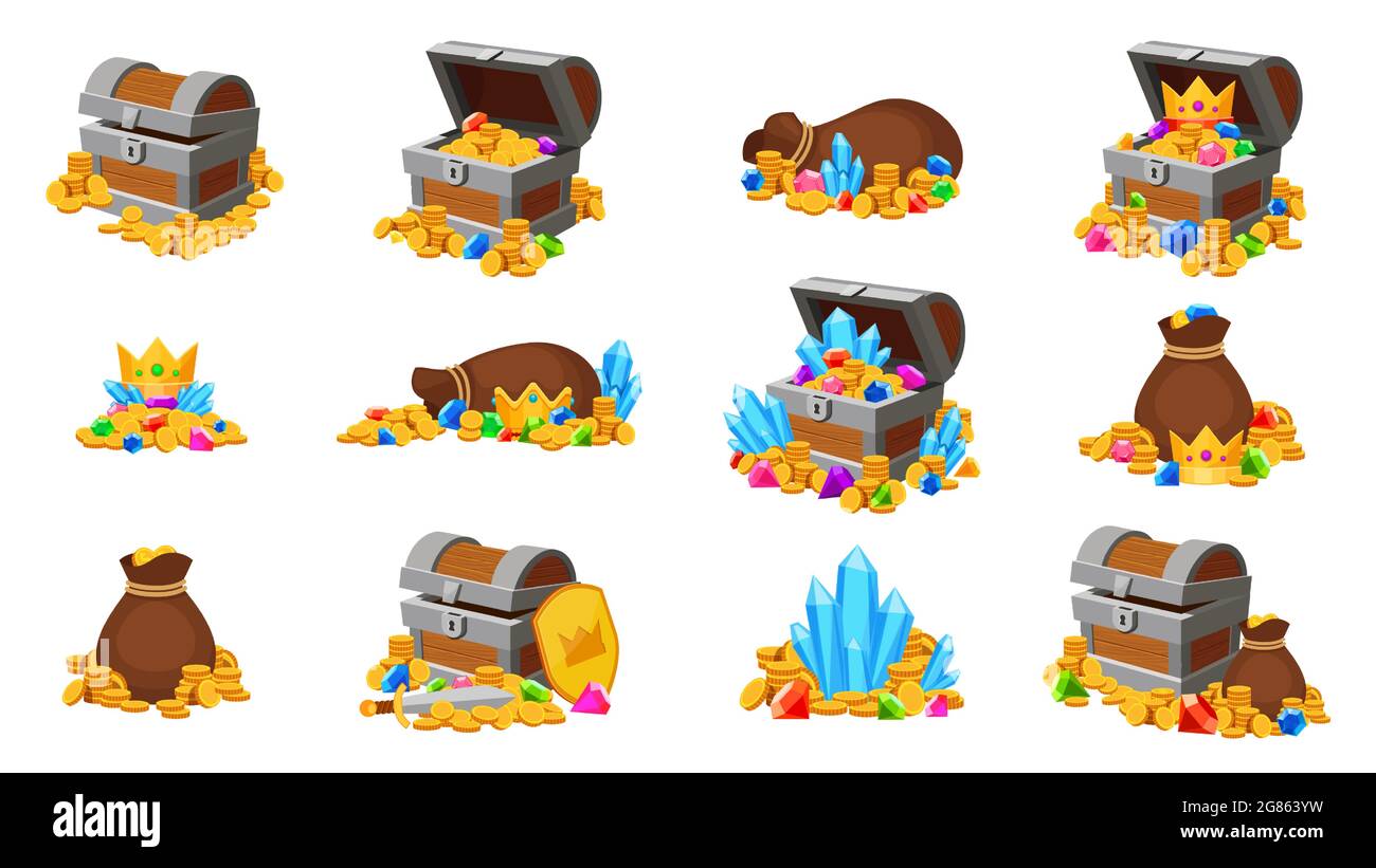 Cartoon treasure. Game icons of open chests and bags with gold coins ...