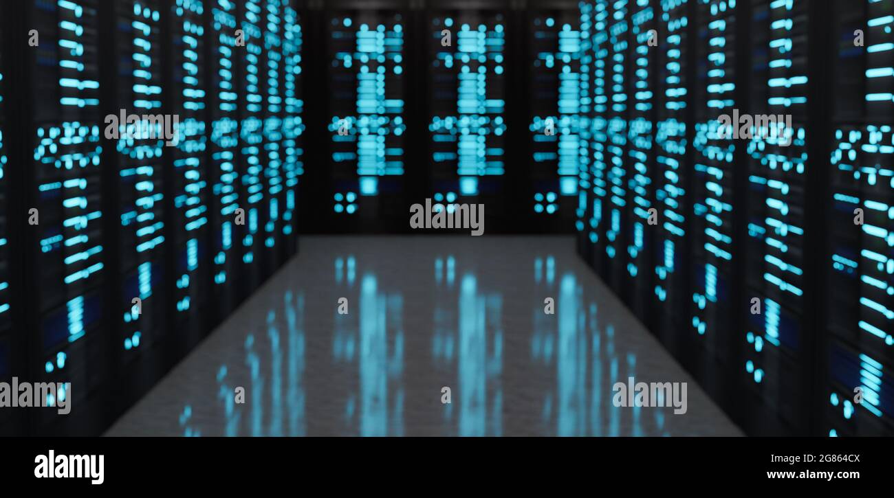 blurred background of a corridor full of servers illuminated with ...