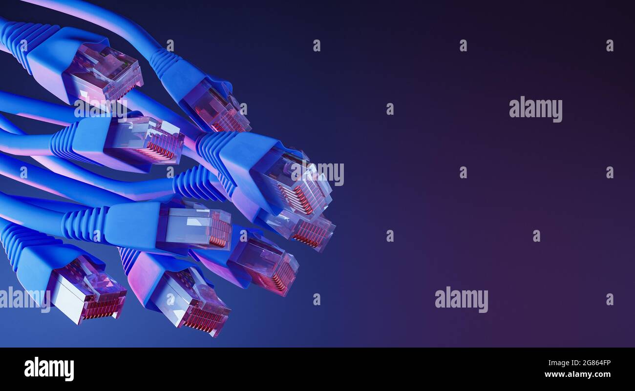 close up of ethernet cables on dark background with blue and red neon ...