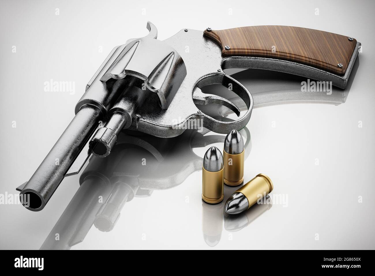 Generic revolver and bullets with soft reflection. 3D illustration ...