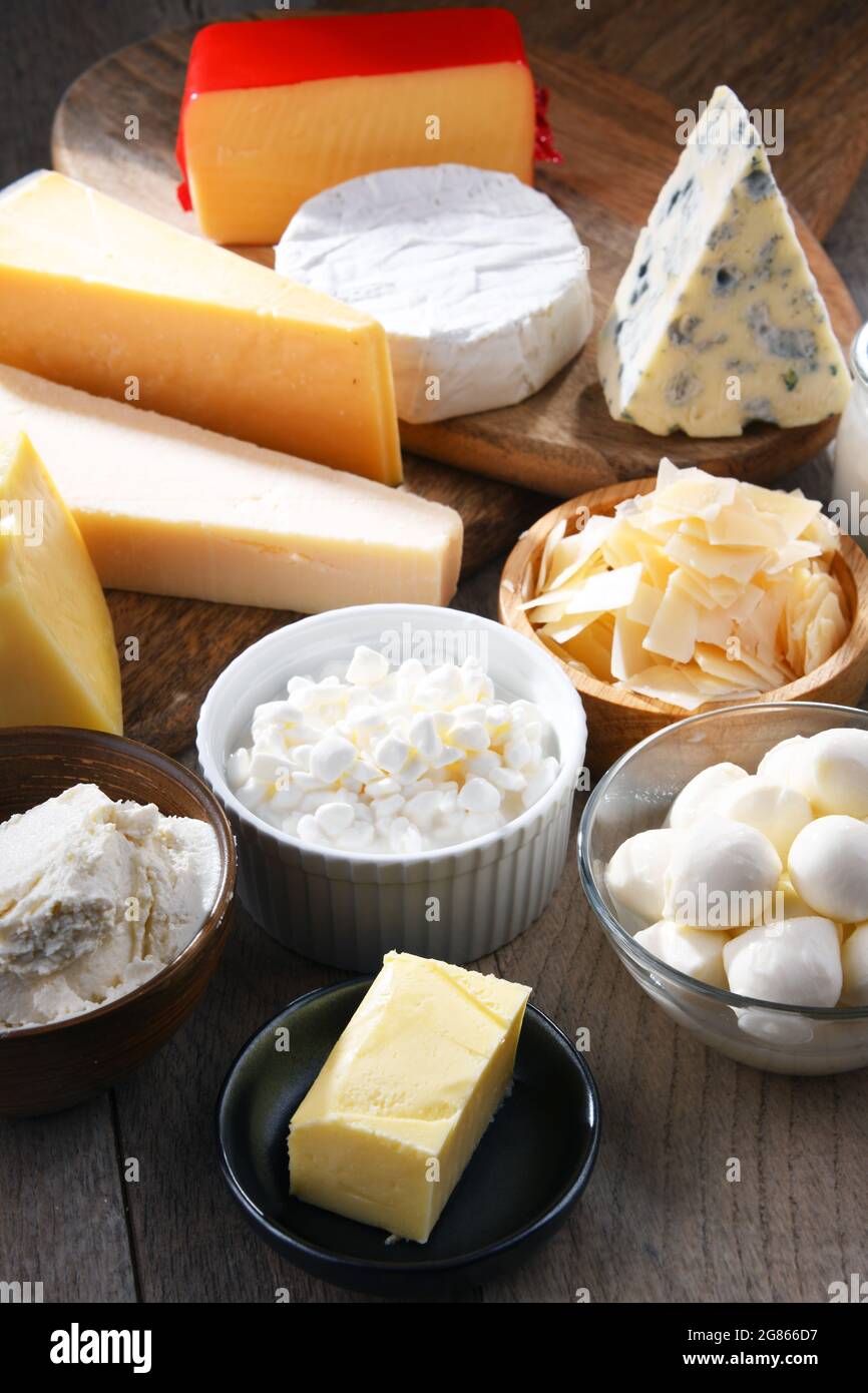A variety of dairy products including cheese, milk and yogurt Stock ...