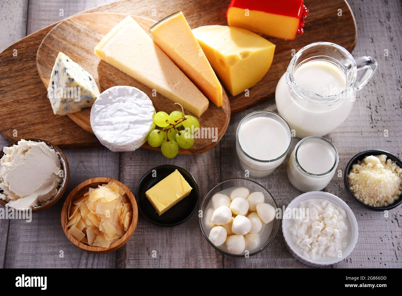 A variety of dairy products including cheese, milk and yogurt Stock ...