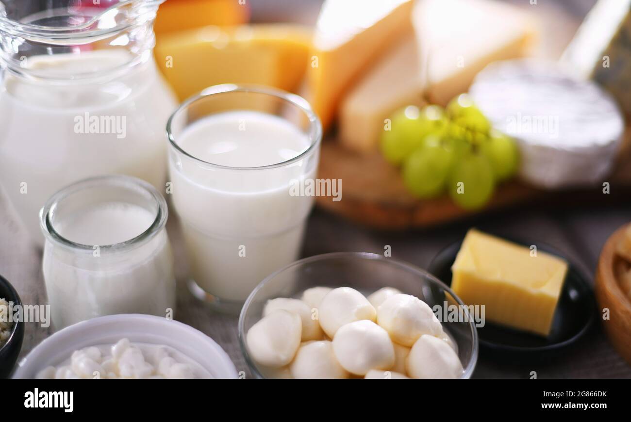 A variety of dairy products including cheese, milk and yogurt Stock ...