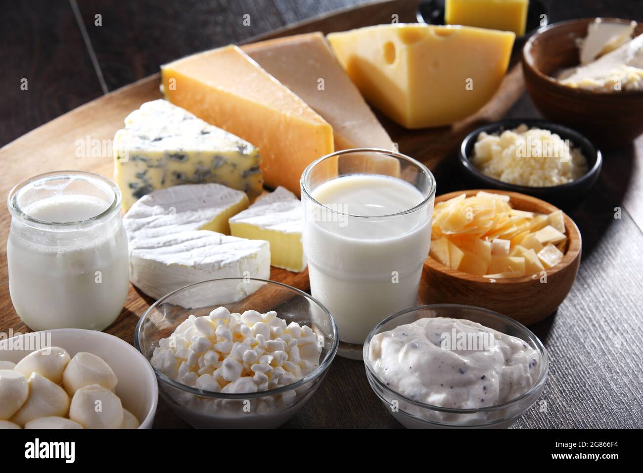 A variety of dairy products including cheese, milk and yogurt Stock ...