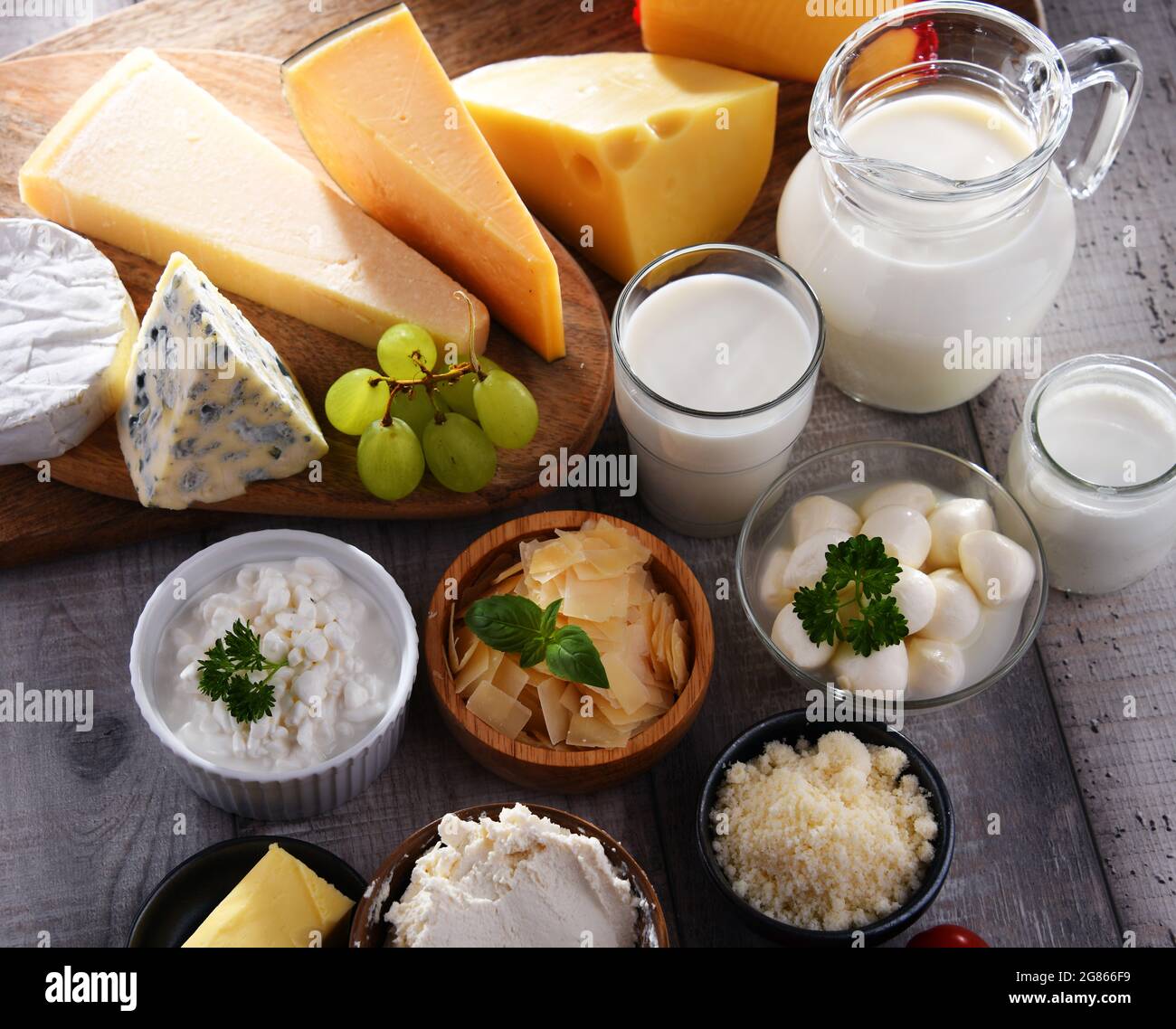 A variety of dairy products including cheese, milk and yogurt Stock ...