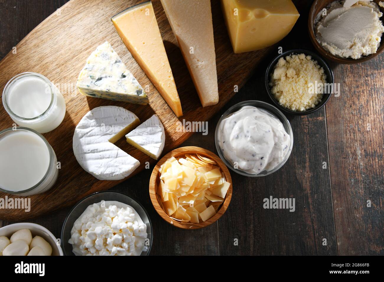 A variety of dairy products including cheese, milk and yogurt Stock ...