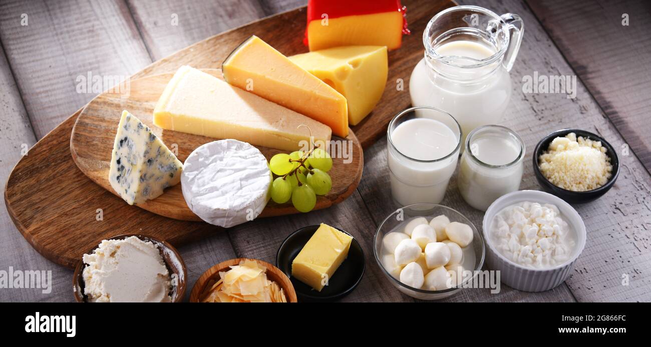 A variety of dairy products including cheese, milk and yogurt Stock ...
