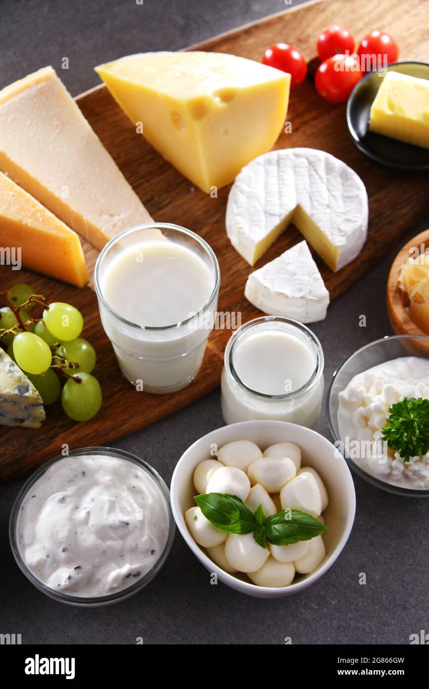 A variety of dairy products including cheese, milk and yogurt Stock ...