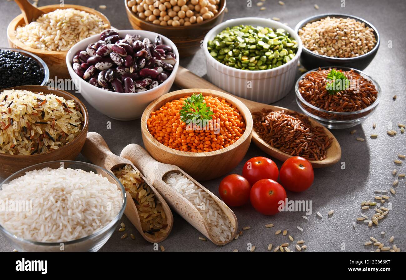 Composition with different kinds of dry food products Stock Photo - Alamy