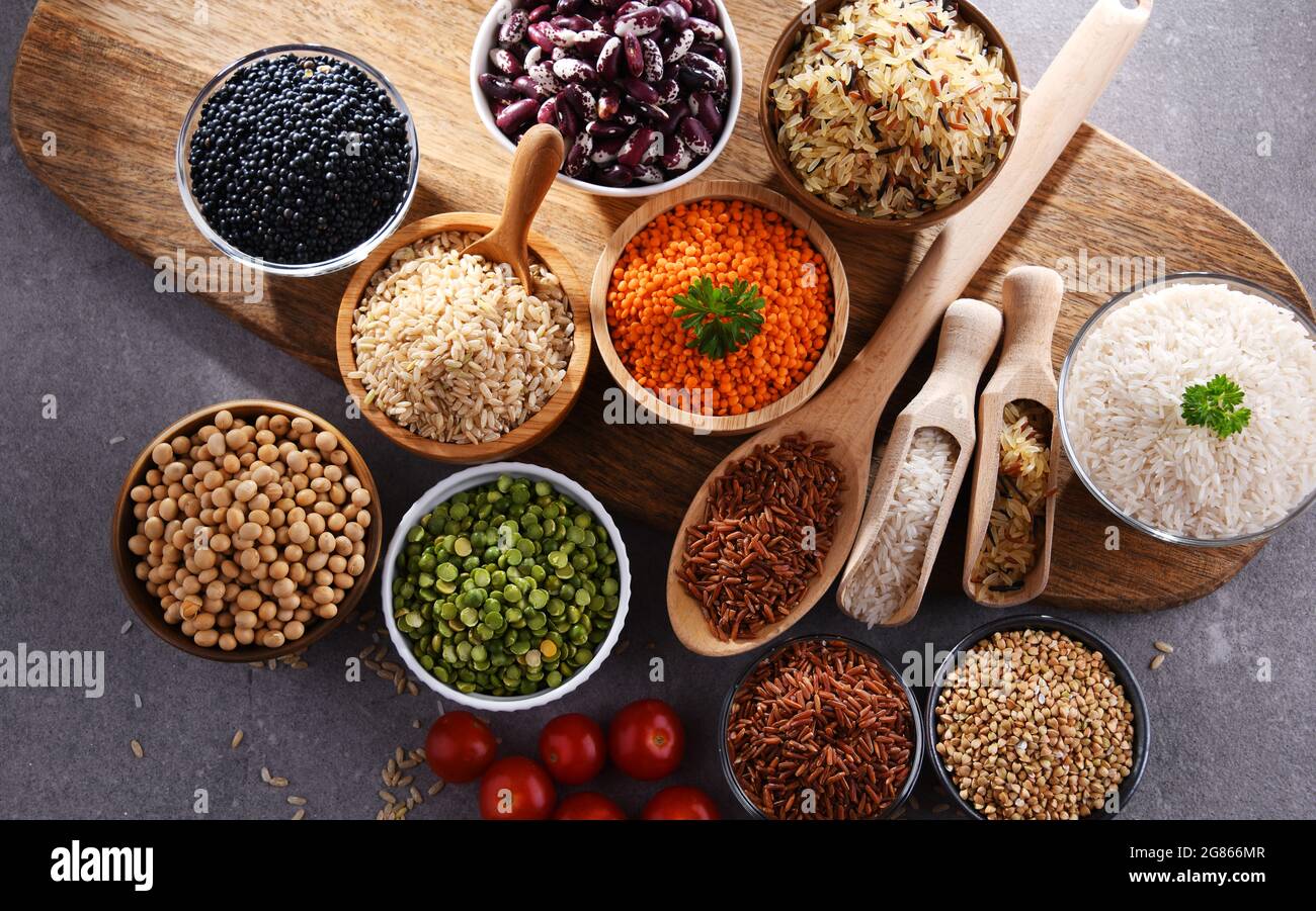 Composition with different kinds of dry food products Stock Photo - Alamy