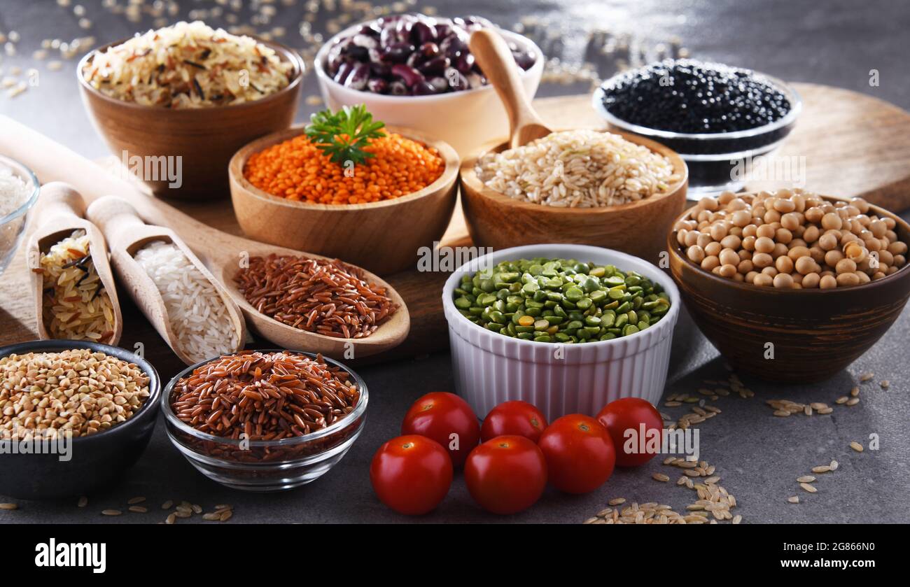 Composition with different kinds of dry food products Stock Photo - Alamy