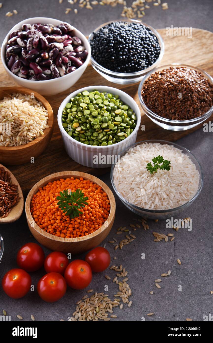 Composition with different kinds of dry food products Stock Photo - Alamy