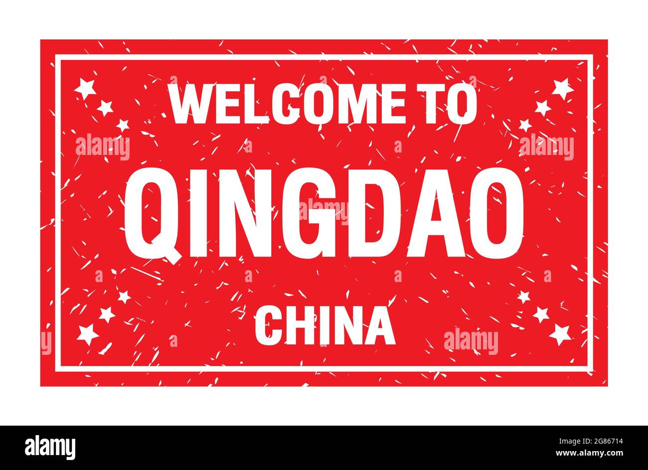 WELCOME TO QINGDAO - CHINA, words written on red rectangle flag stamp ...