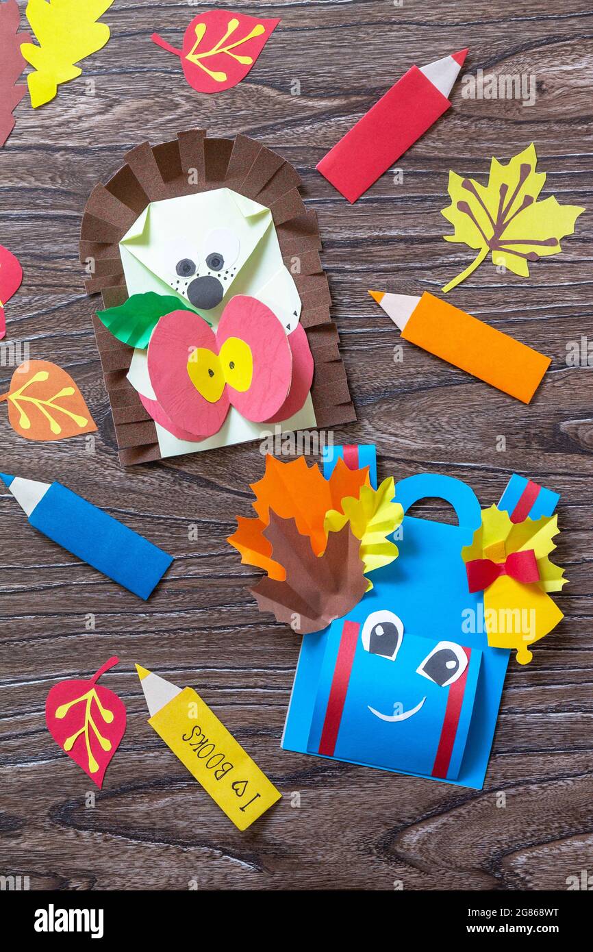 Autumn Greeting postcard hedgehog with an apple on a wooden table ...