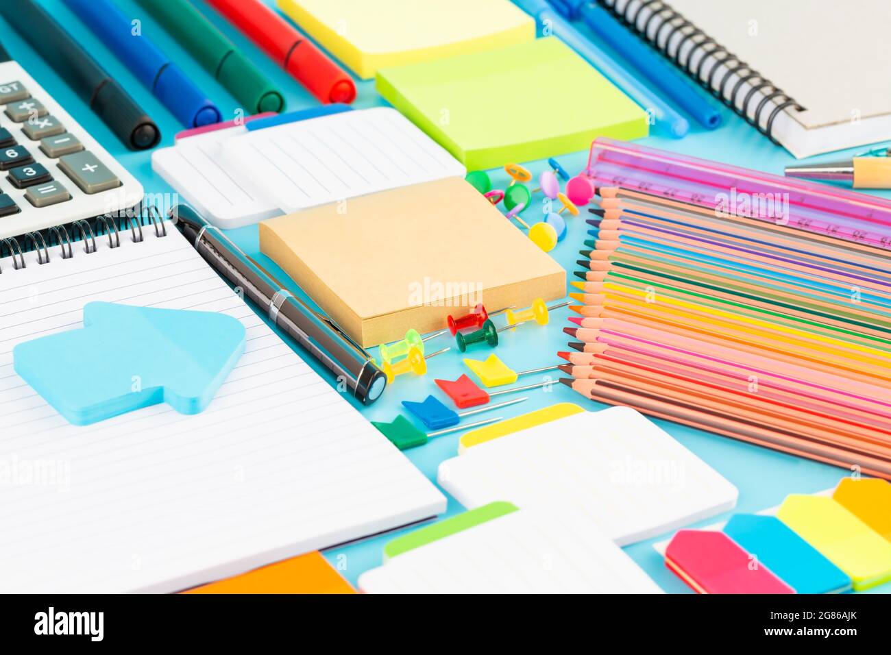 Back to school, stationary on blue background Stock Photo - Alamy