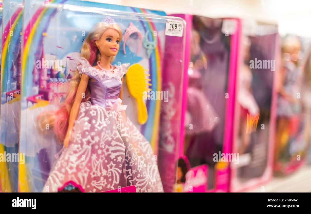 POZNAN, POL - JUN 17, 2021: Barbie dolls put up for sale on a store ...