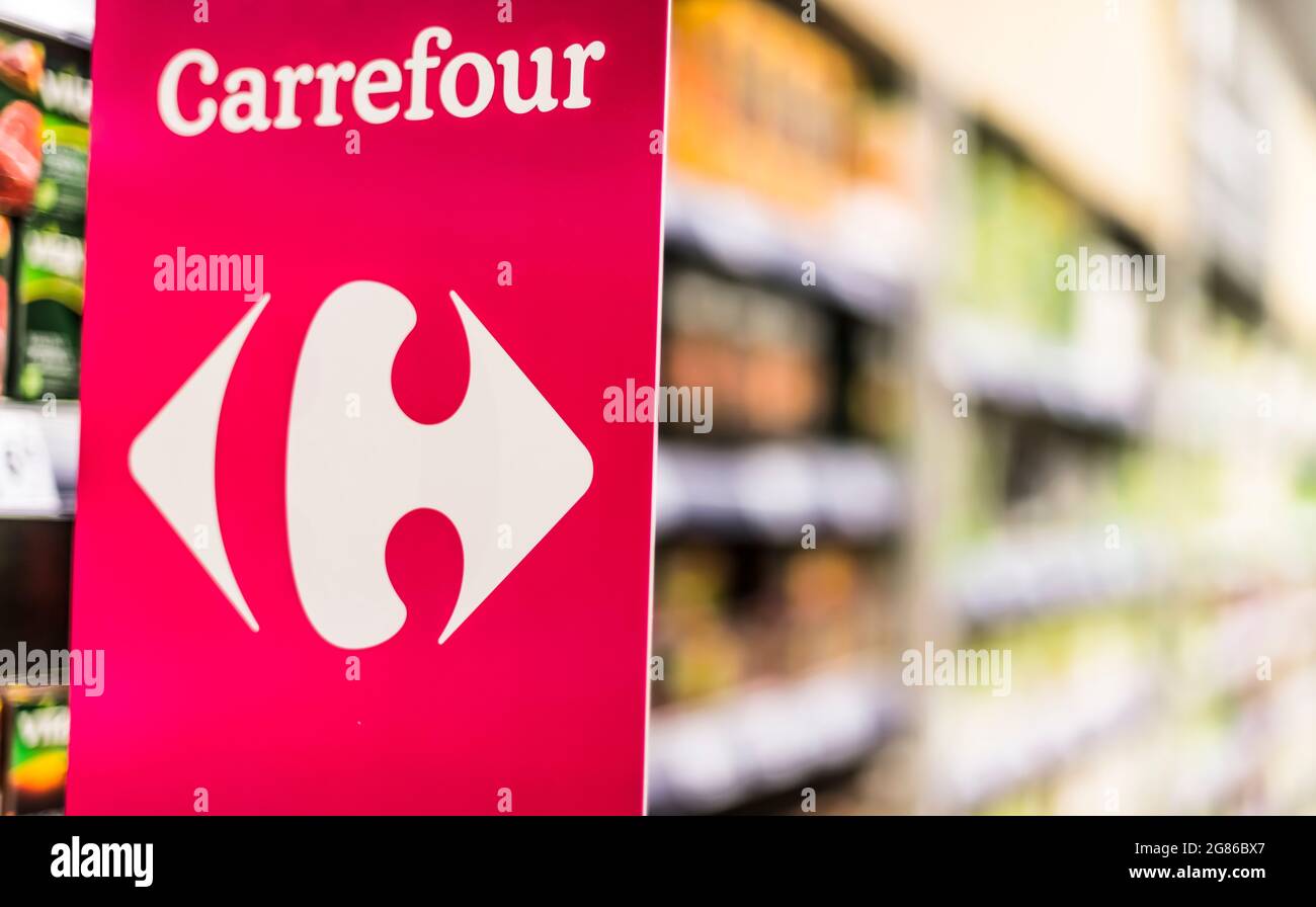 POZNAN, POL - JUN 17, 2021: Food products store shelf at Carrefour ...