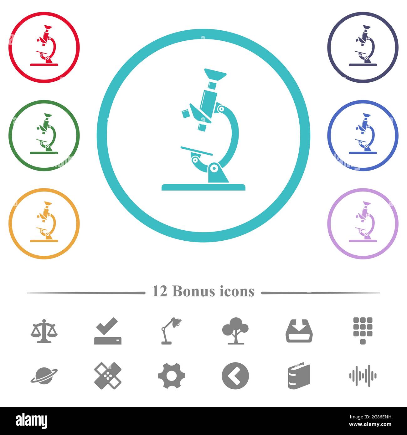 Microscope flat color icons in circle shape outlines. 12 bonus icons ...