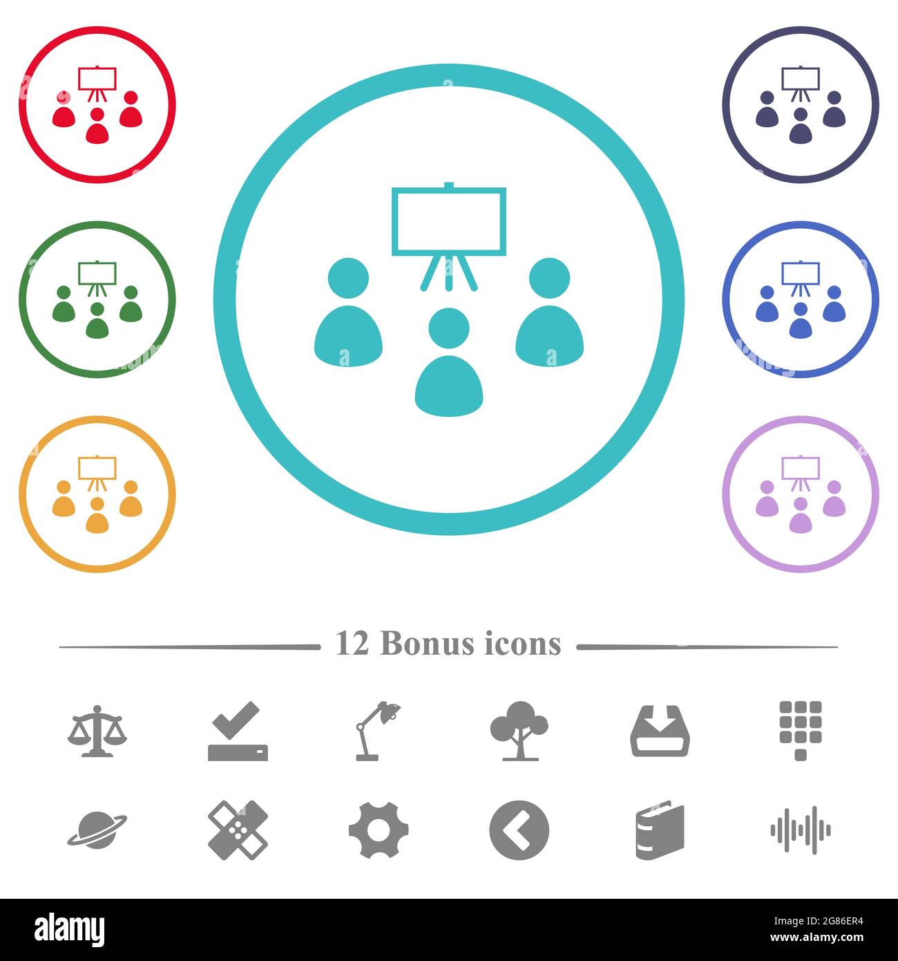 Classroom flat color icons in circle shape outlines. 12 bonus icons ...