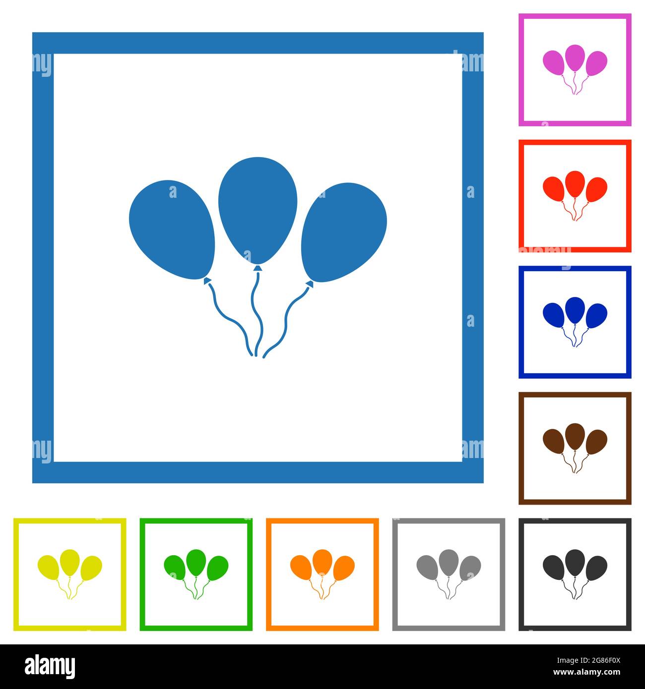 Three balloons flat color icons in square frames on white background ...