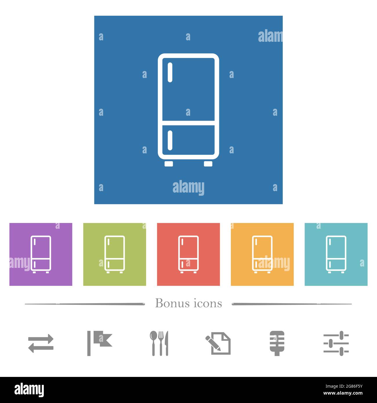 Refrigerator outline flat white icons in square backgrounds. 6 bonus ...