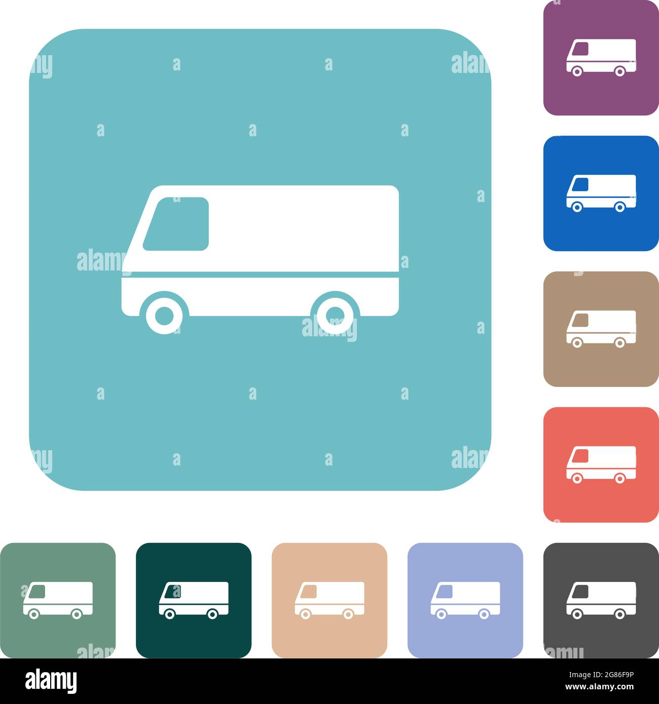 Van side view white flat icons on color rounded square backgrounds ...