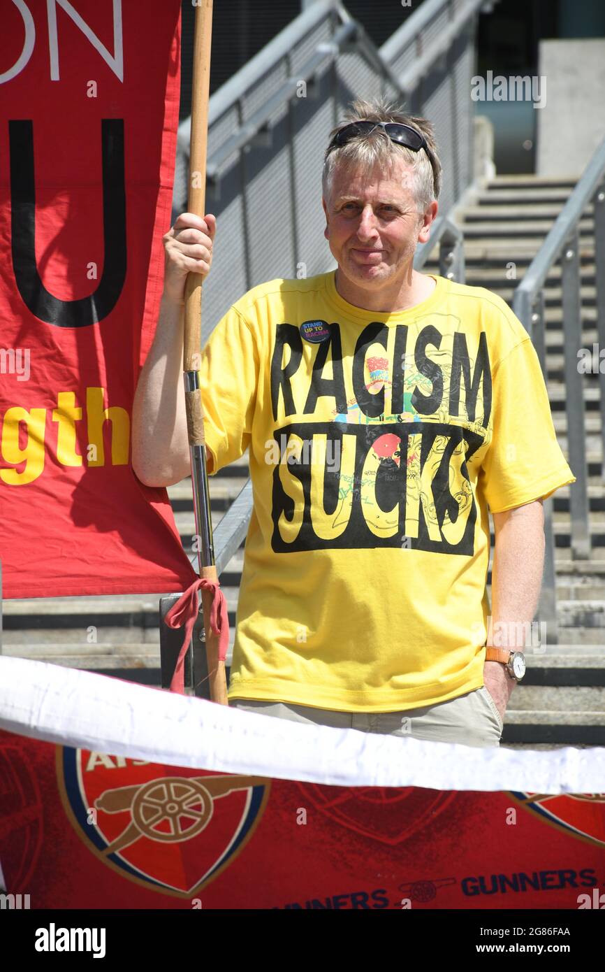 London, UK. 17th July, 2021. Anti racism campaigners gather outside ...
