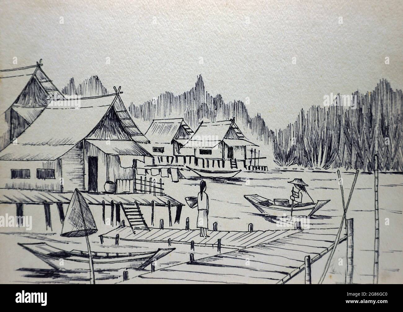 Line drawing, light and shadow villages along the river in the Thai ...