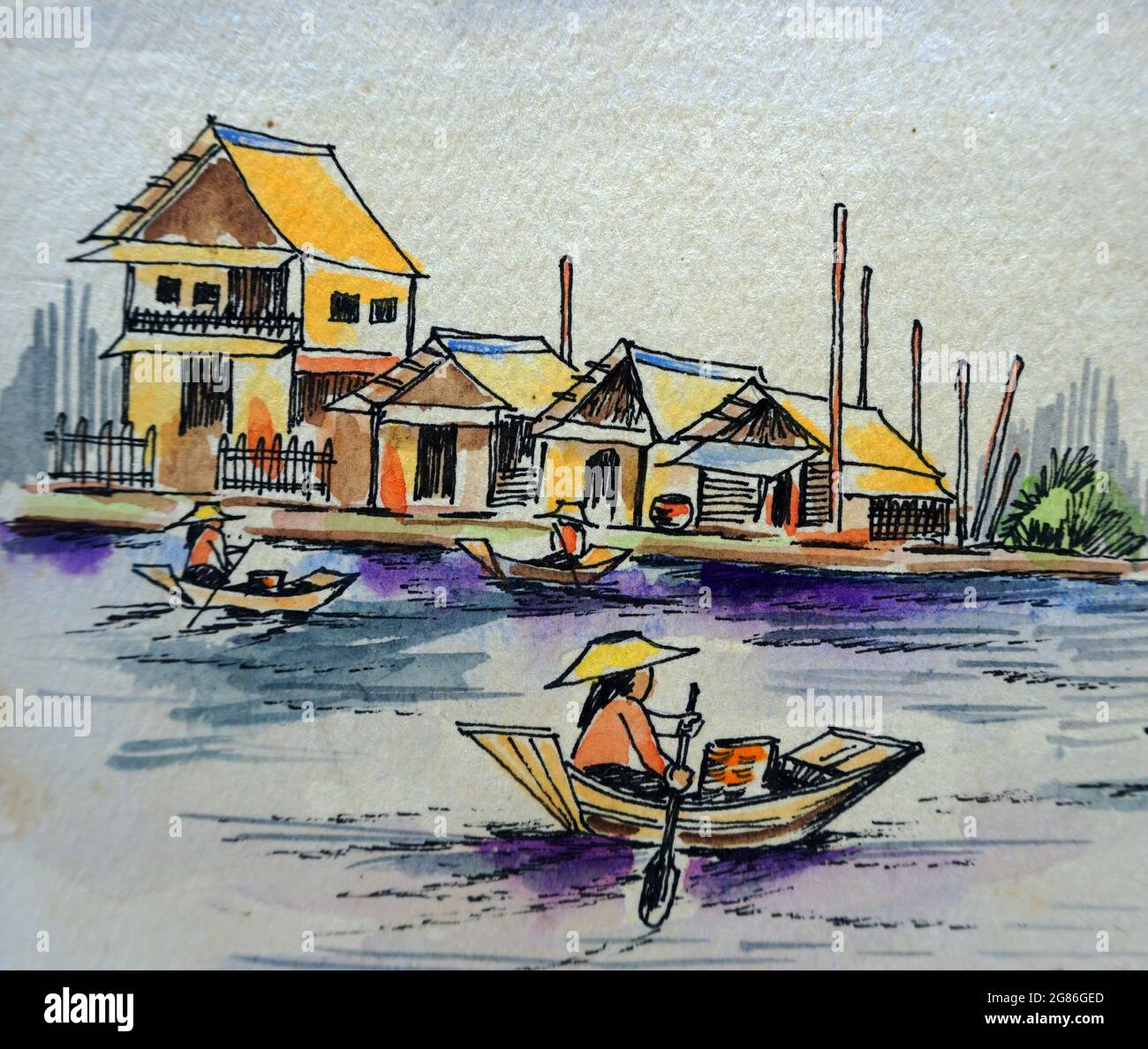 Line drawing, light and shadow villages along the river in the Thai ...