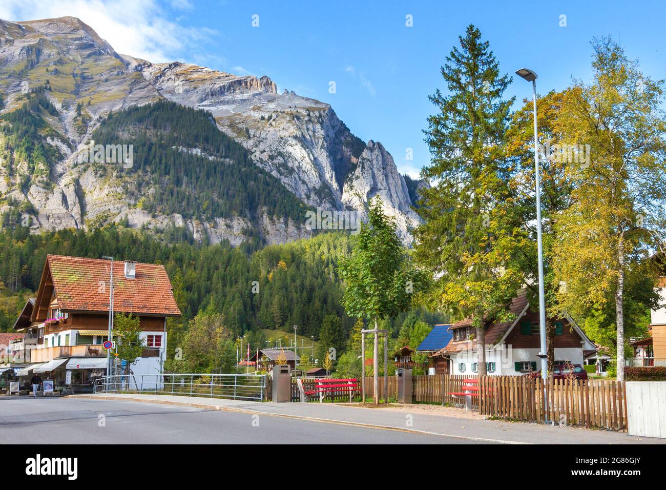 Kandersteg, Switzerland - October 17, 2019: Street view with colorful ...