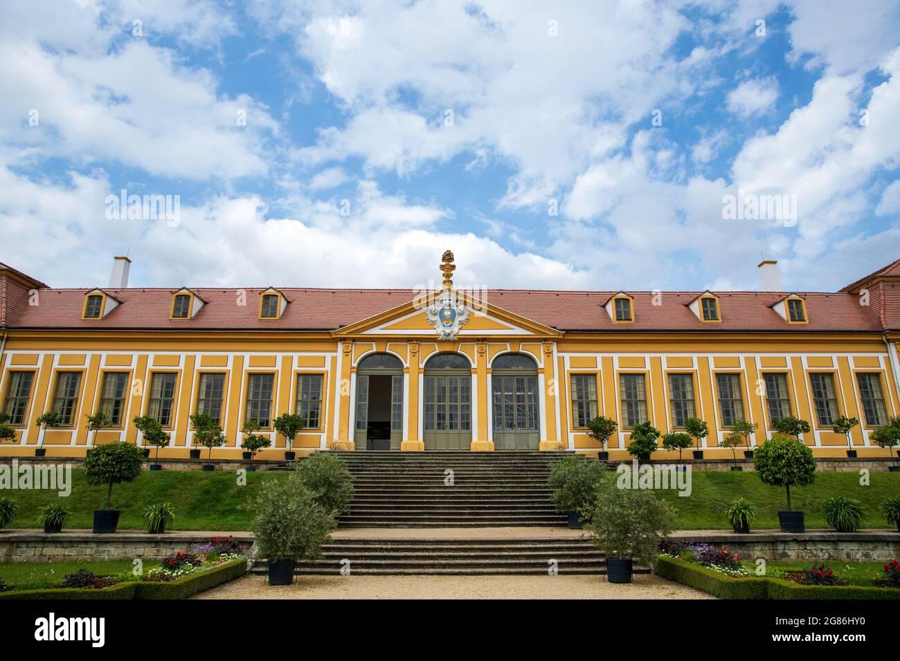Heidenau, Germany. 08th July, 2021. The Orangery in the Baroque Garden ...