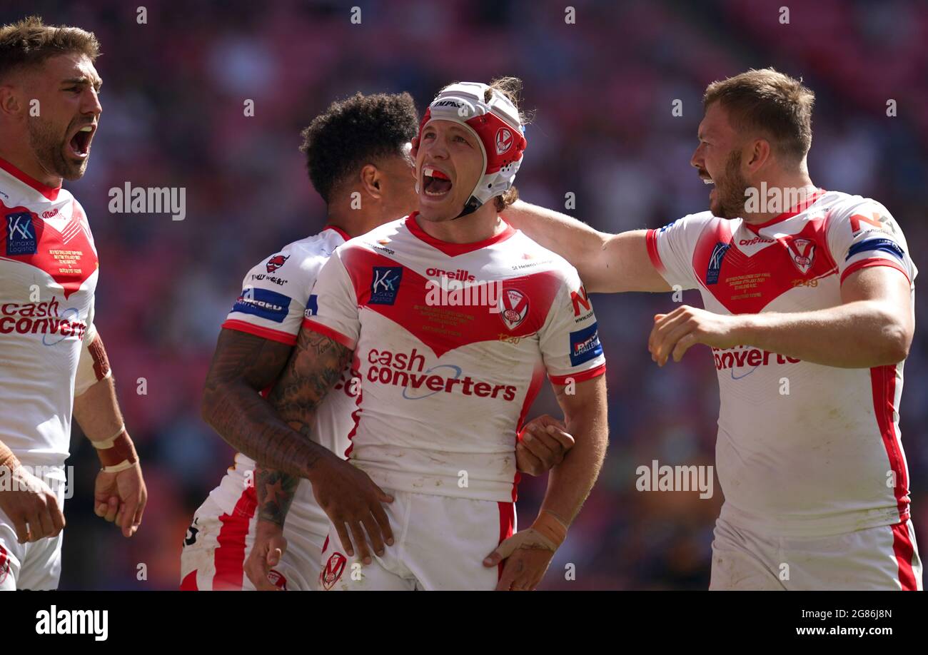 St Helens' Theo Fages celebrates scoring a try during the Betfred ...