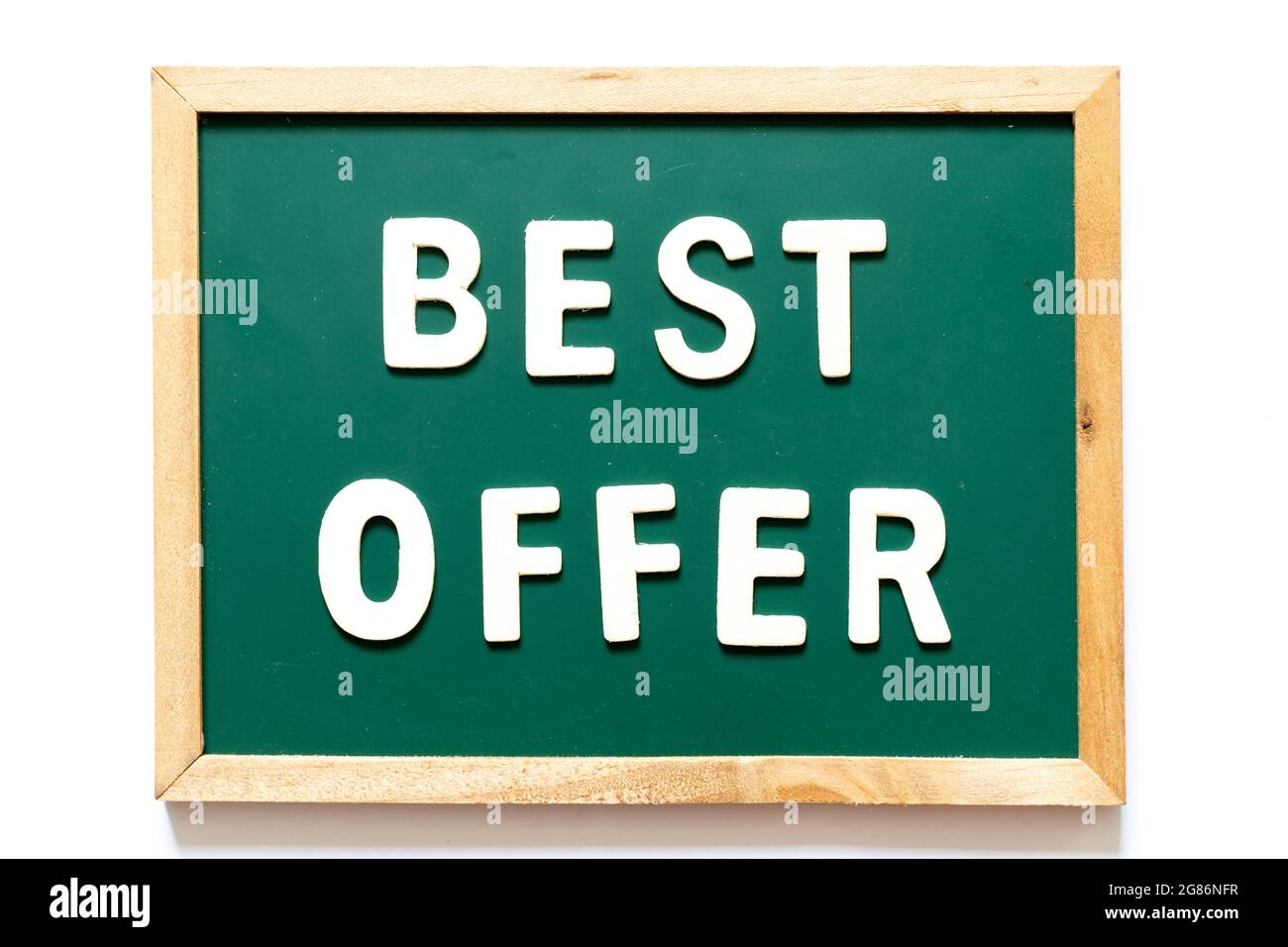 Green blackboard and wood frame with word best offer on white ...