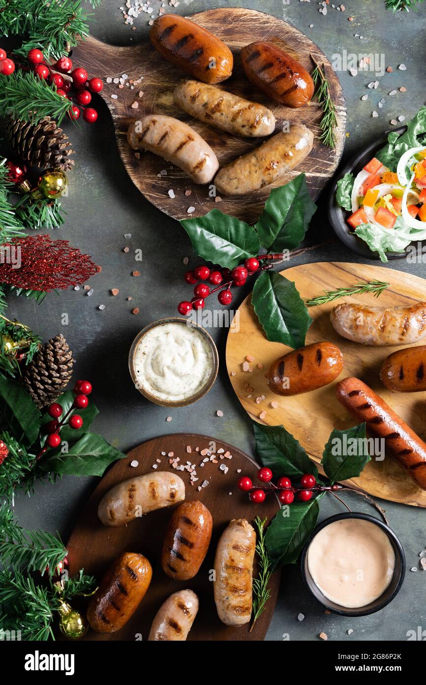Vertical top view of bratwurst decorated in Christmas theme Stock Photo ...