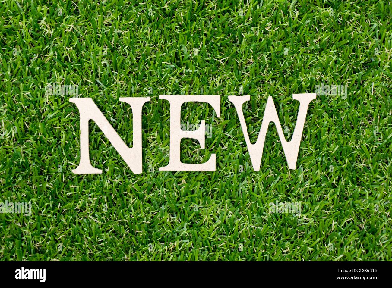 Wood letter in word new on green grass background Stock Photo - Alamy