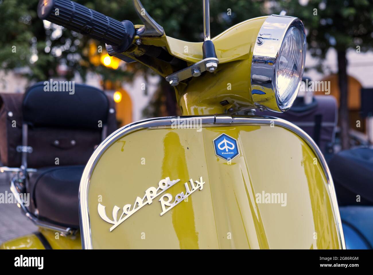 Castellamonte, Italy - 2 july 2021: close up of the front of the vespa ...