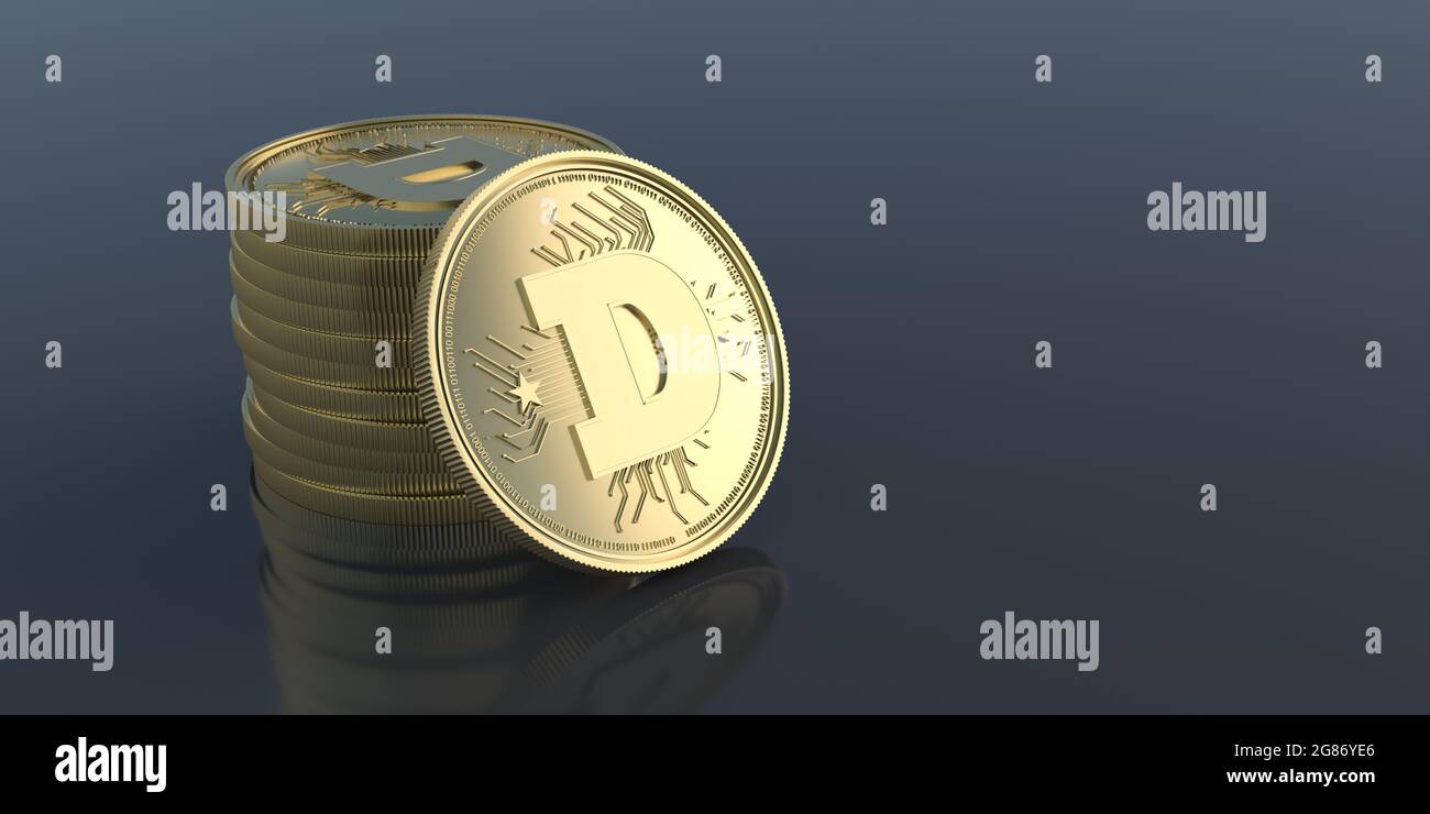 Dogecoin, crypto currency gold goge coins stacked on black background ...