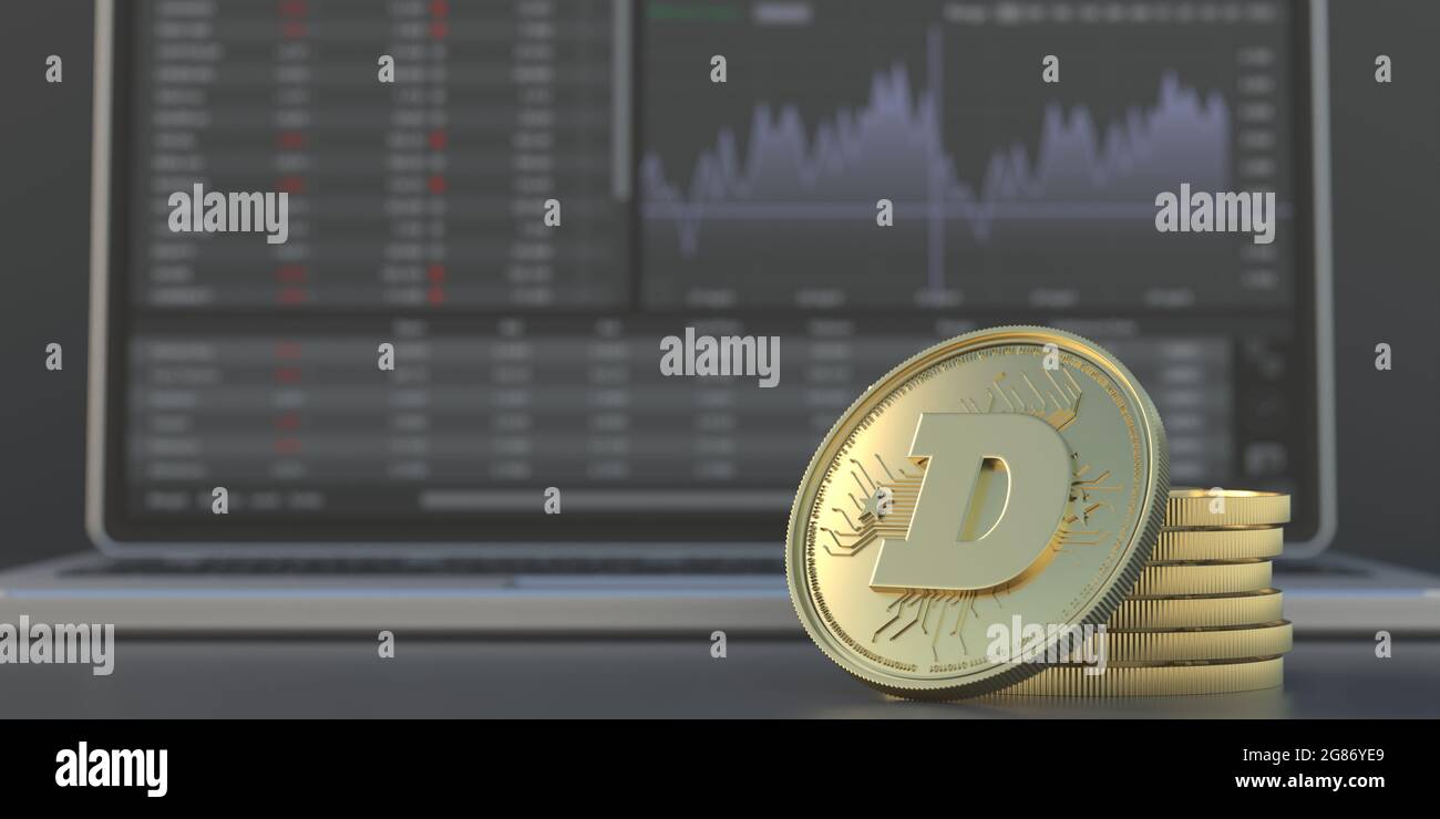 Dogecoin, crypto currency gold goge coins stacked on blur computer ...