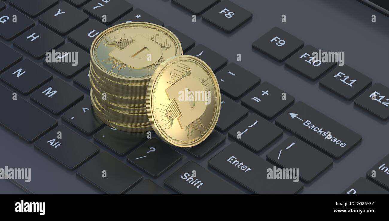 Dogecoin, crypto currency gold goge coins stacked on computer laptop ...