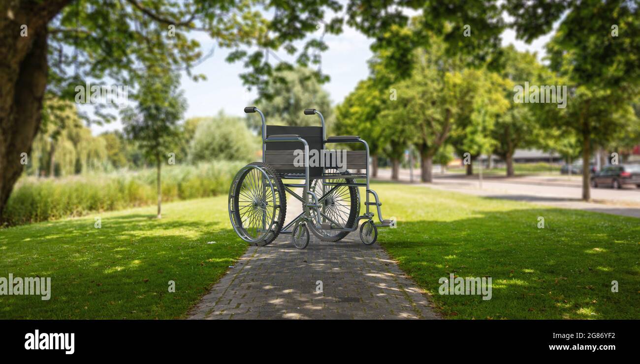 Disability wheelchair on a path, green park background. Medical ...