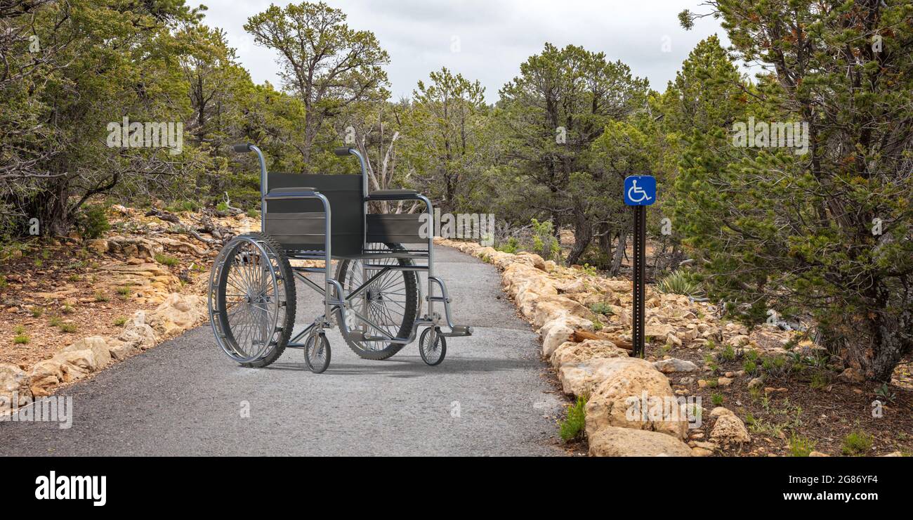 Wheelchair and disabled access sign on a path, green park background ...