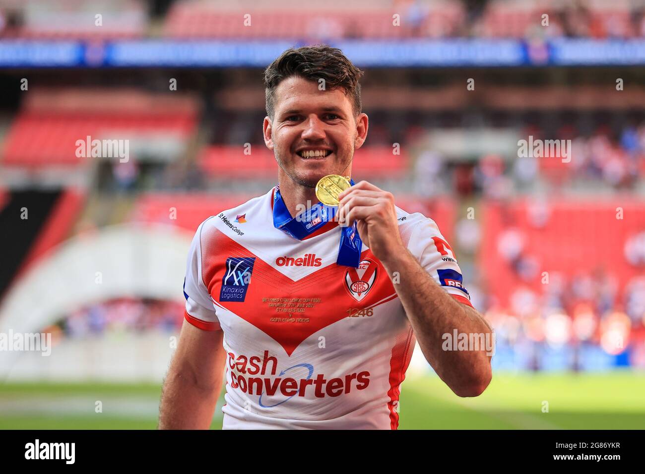 Lachlan Coote (1) of St Helens with his Challenge cup winners medal ...