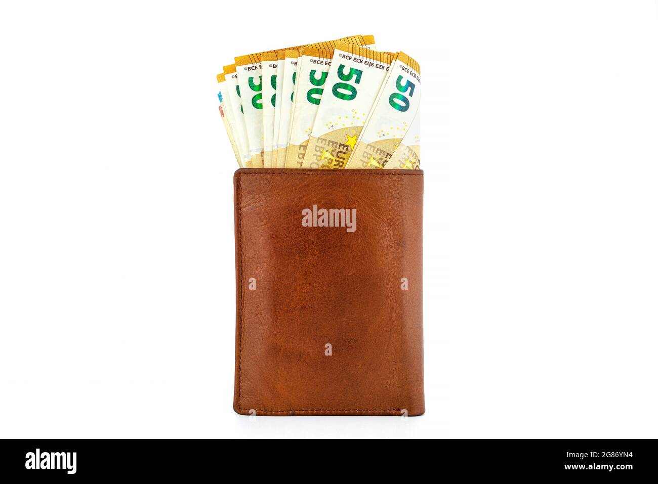 Mens brown leather wallet with a stack of Euro notes sticking out of ...